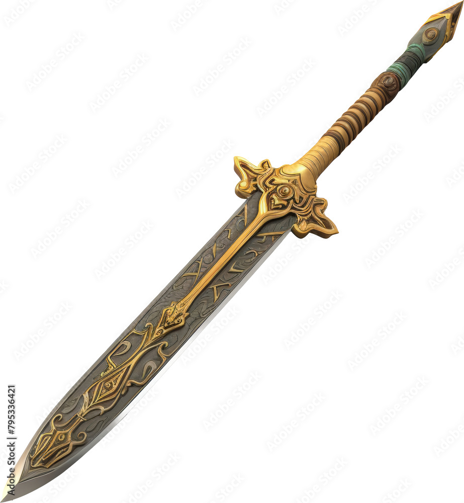 fantasy golden sword isolated on white or transparent background ...