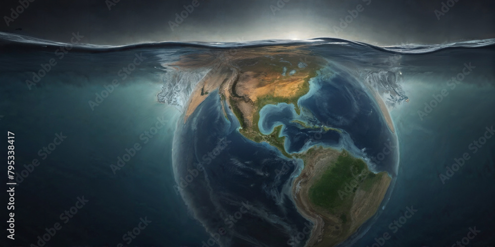 Planet earth submerged in the depths of the water. Earth drowning from ...