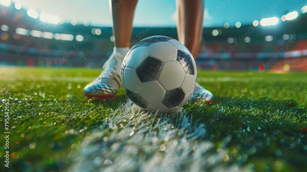Soccer player's feet stepping on a soccer ball for kick-off in the ...