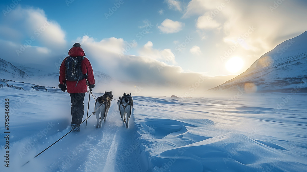 Adventurers trekking across icy tundra or dog sledding through snow ...