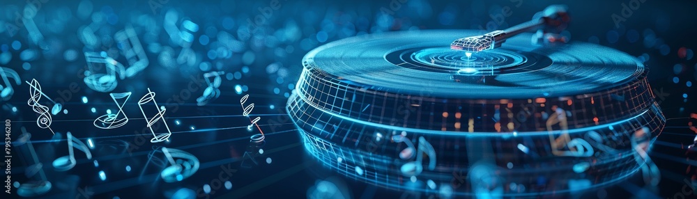 closeupA dreamlike wireframe mesh depiction of music notes morphing ...