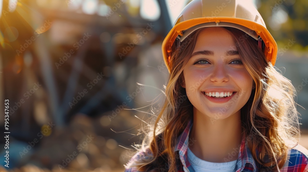 Smiling beautiful girl construction worker look on free background ...