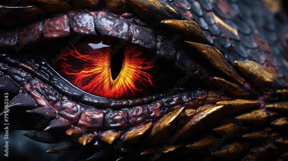 Closeup of a dragons eye, revealing intricate details with a fiery iris ...