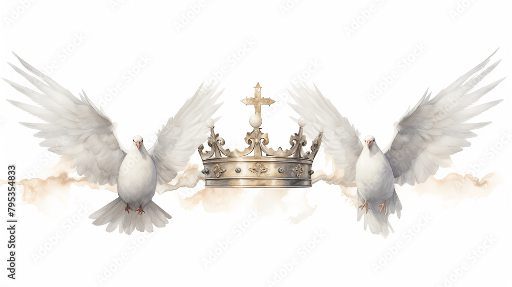 Holy trinity, symbol by crown, cross, and dove, depicted in watercolor ...