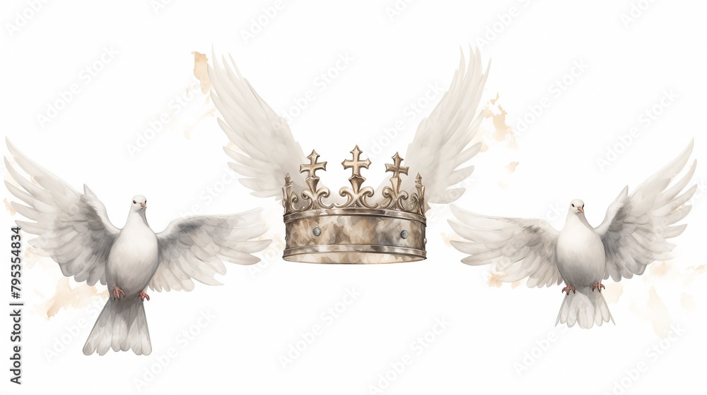 Holy trinity, symbol by crown, cross, and dove, depicted in watercolor ...