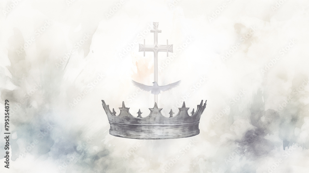Holy trinity, symbol by crown, cross, and dove, depicted in watercolor ...