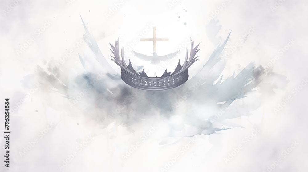 Holy trinity, symbol by crown, cross, and dove, depicted in watercolor ...