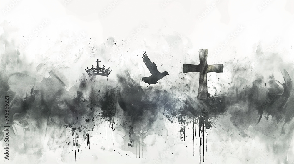 Holy trinity, symbol by crown, cross, and dove, depicted in watercolor ...