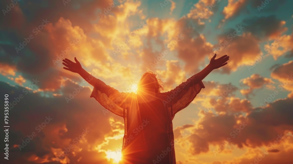 Jesus Christ with open arms reaching out in the sky, hand gestures of ...