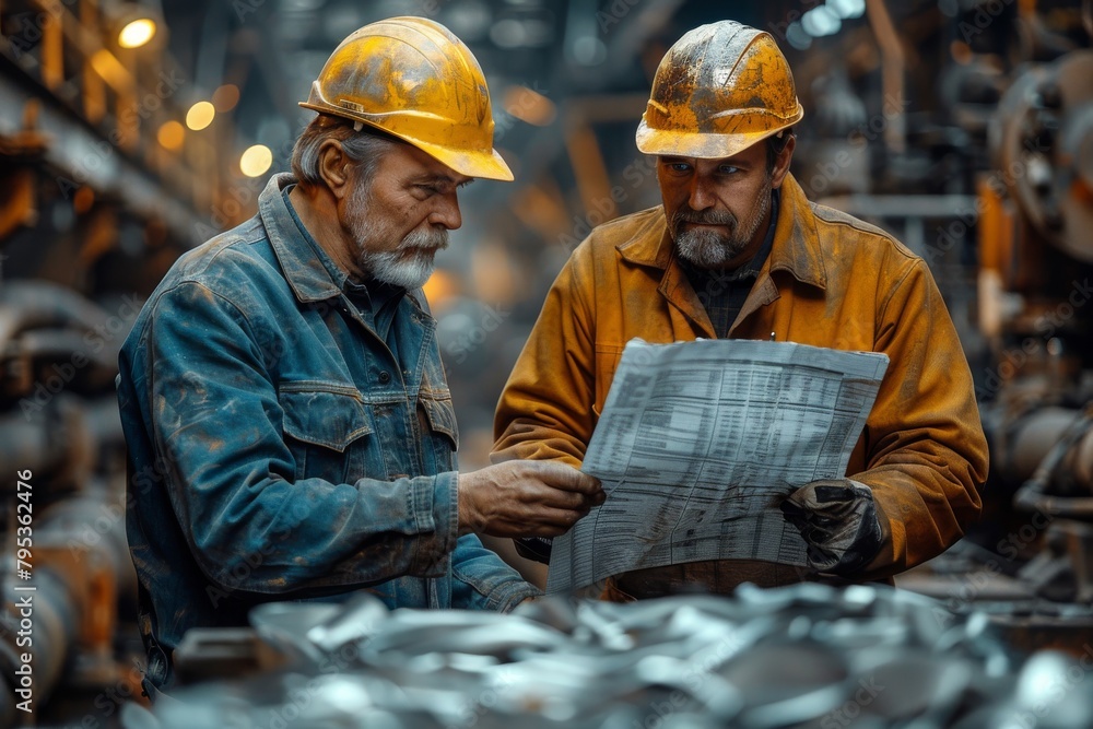 Two seasoned workers in hard hats immersed in discussion over ...