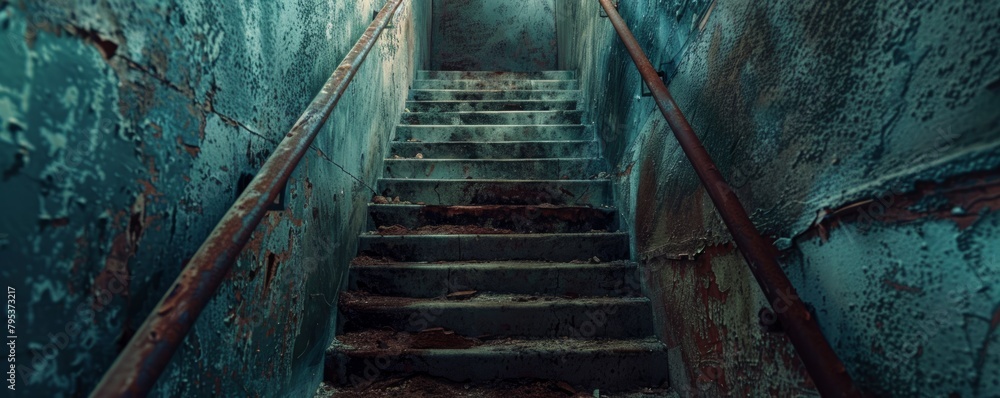 A chilling scene depicting a scary descent of stairs leading to a dimly ...
