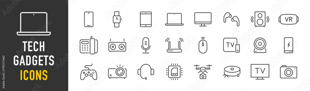 Tech Gadgets web icons in line style. Phone, tablet, laptop, startup ...