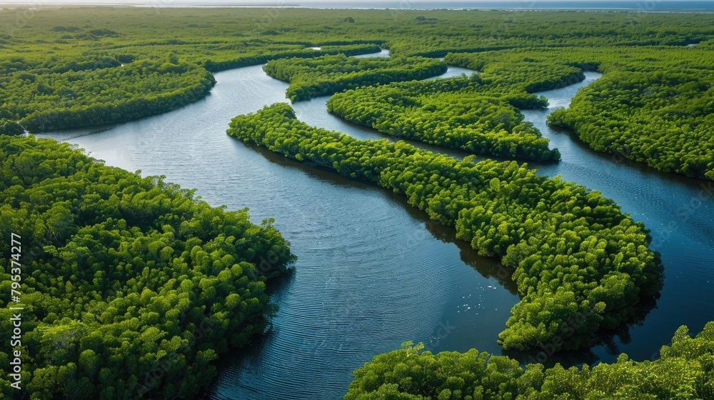 Aerial view of winding mangrove channels, illustrating the complex and ...