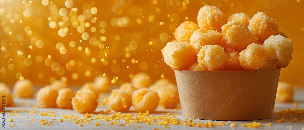 Cheese puffs spill from container against vibrant yellow background for ...