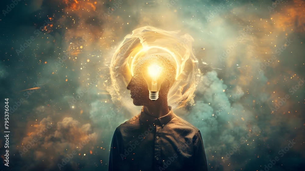 Light bulb on plain background, person and light bulb, person new idea ...