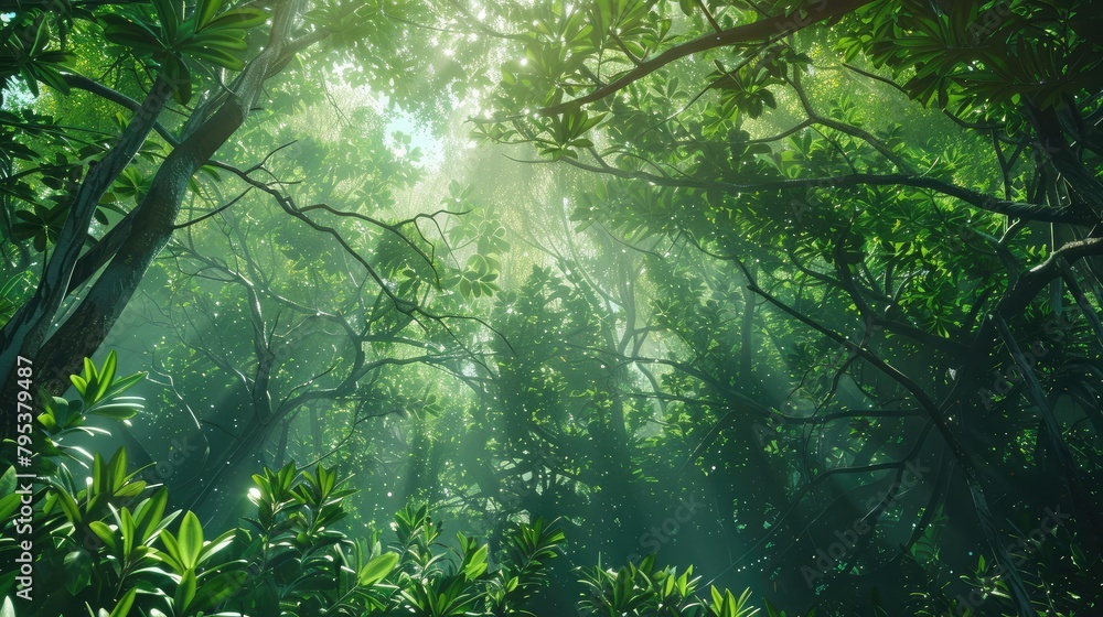 lush green forest canopy with sunlight filtering through, highlighting ...