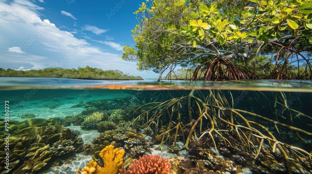 Mangrove roots stretching into the water, providing vital habitat for ...
