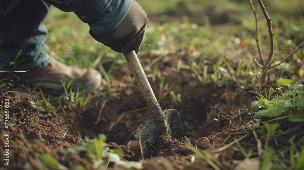person digging a hole in the ground with a shovel, preparing the soil ...