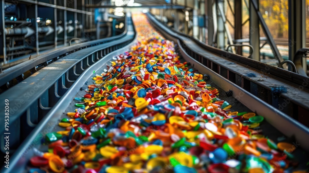 recycling plant conveyor belt transporting sorted materials for ...