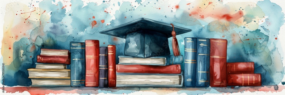 Watercolor graduation cap on stack of books, illustration Stock ...