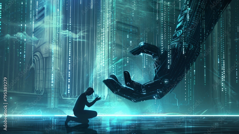 Man Kneeling Before Colossal Robotic Hand in AI Deification Stock ...