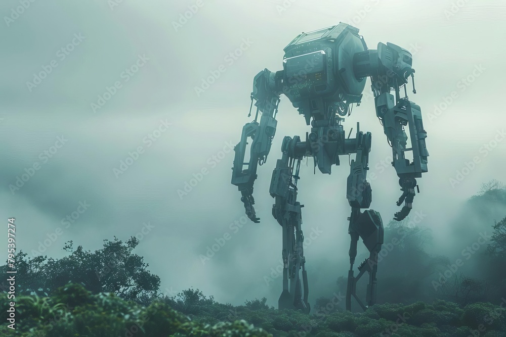 majestic robot guardian standing tall in misty landscape futuristic ai ...