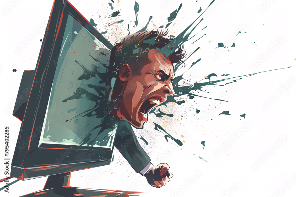 Intense graphic image with a TV-headed figure bursting open, signifying ...