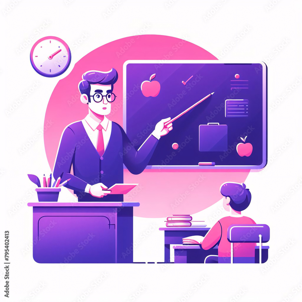 Flat style vector illustration showcases a teacher in a classroom ...