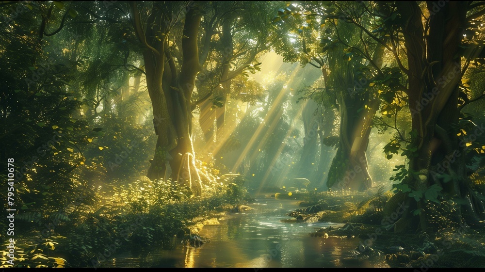 Journey into the depths of a mystical forest, where towering trees loom ...