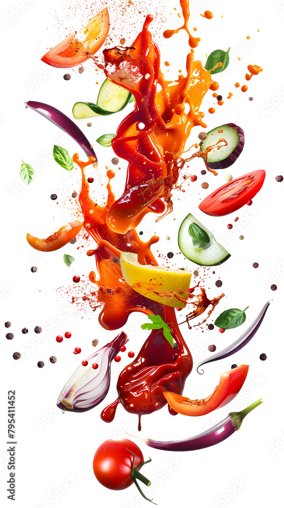 Explosion of sauces and fresh sliced vegetables flying on white ...