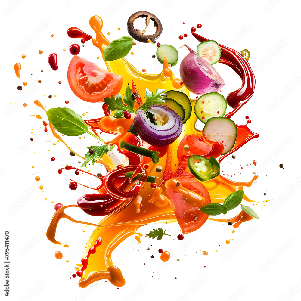 Explosion of sauces and fresh sliced vegetables flying on white ...