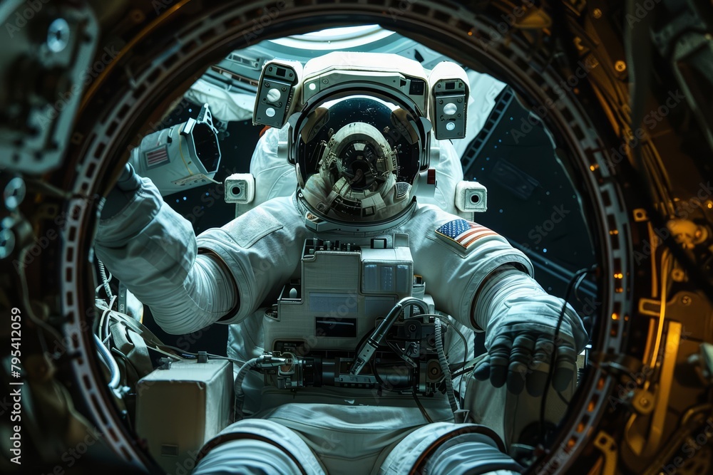 Inside a space stations observatory, an astronaut carefully aligns ...