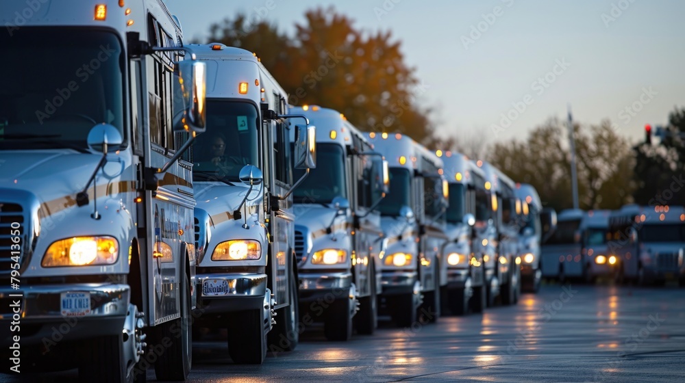 Multiple transport company trucks lined up next to each other in a ...