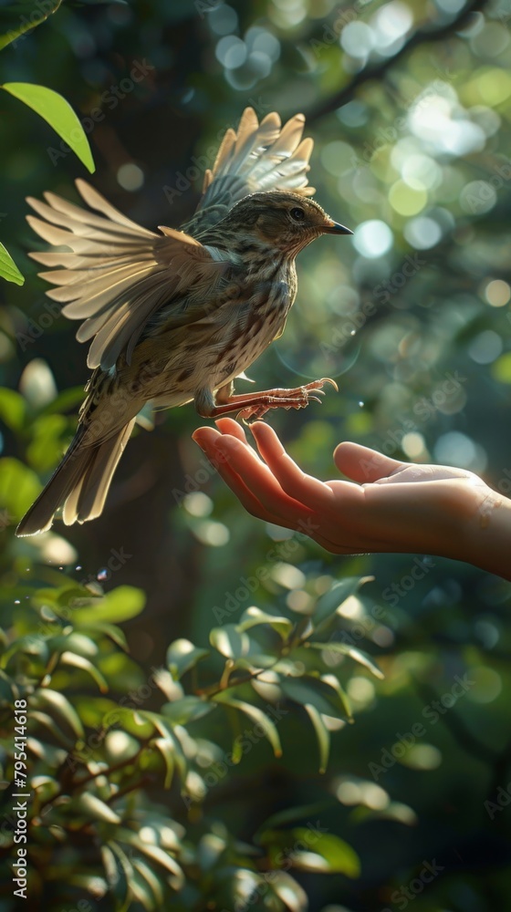A small bird perches on a person's outstretched hand. The bird is brown ...