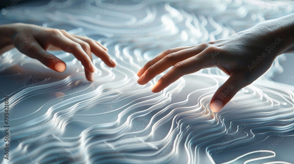 Showcase hands reaching out to touch a digital screen their fingers ...