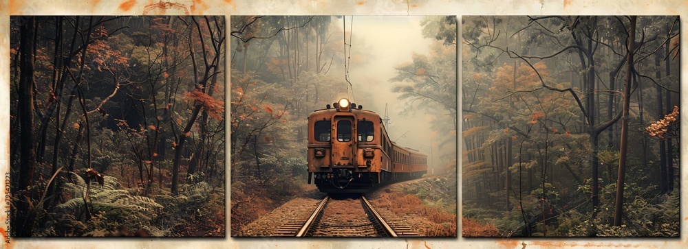 Three panel wall art showing a vintage train journey through changing ...