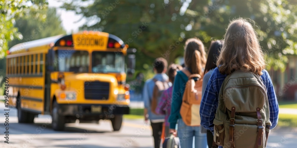 Children Walking to a School Bus, View from Behind - Educational Sector ...