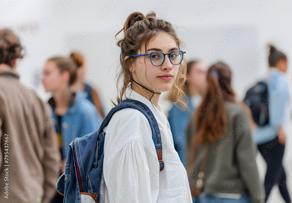 Student, anxiety and woman in busy college campus with depression, sad ...