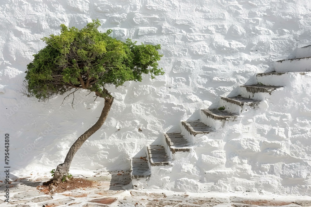 b'Small tree growing in front of a white stone wall with stairs' Stock ...