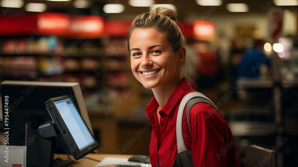 b'Portrait of a young woman working as a cashier in a supermarket ...