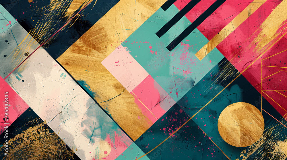 Dynamic abstract composition with geometric shapes and vivid gold paint ...