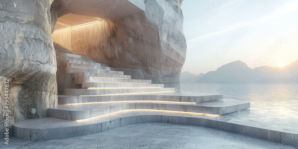b'Futuristic concrete amphitheater with a view of the lake' Stock ...