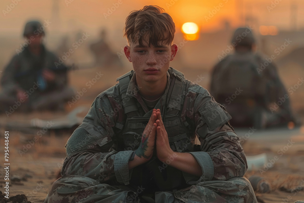 Soldier, sad or prayer for peace, freedom and healing with mindfulness ...