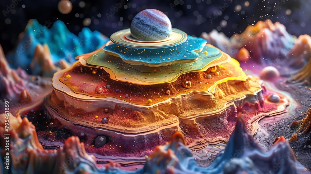Visualize a top-down perspective of a planetary dessert made of various ...