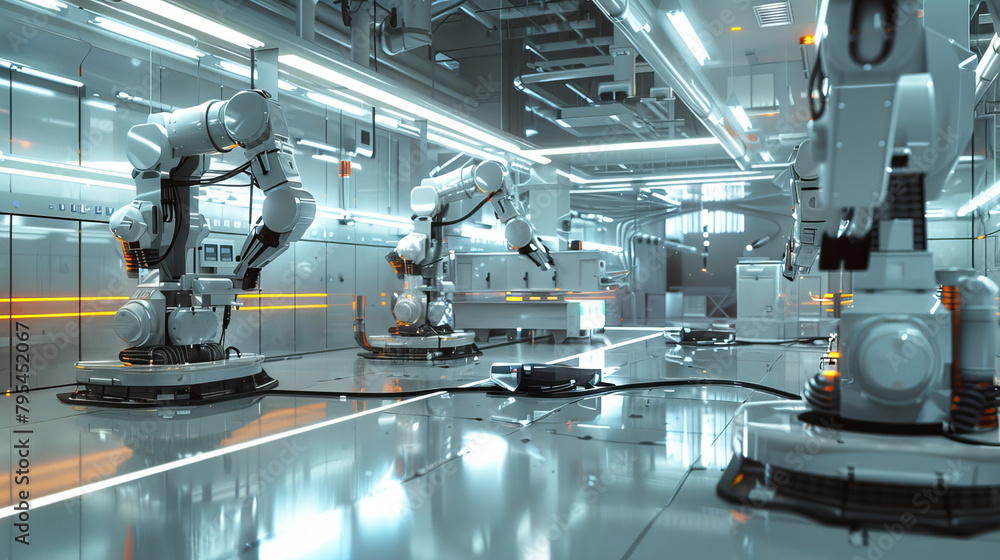 Industry Robotic arms in synchronized operation on an assembly line, illustrating the efficiency ...