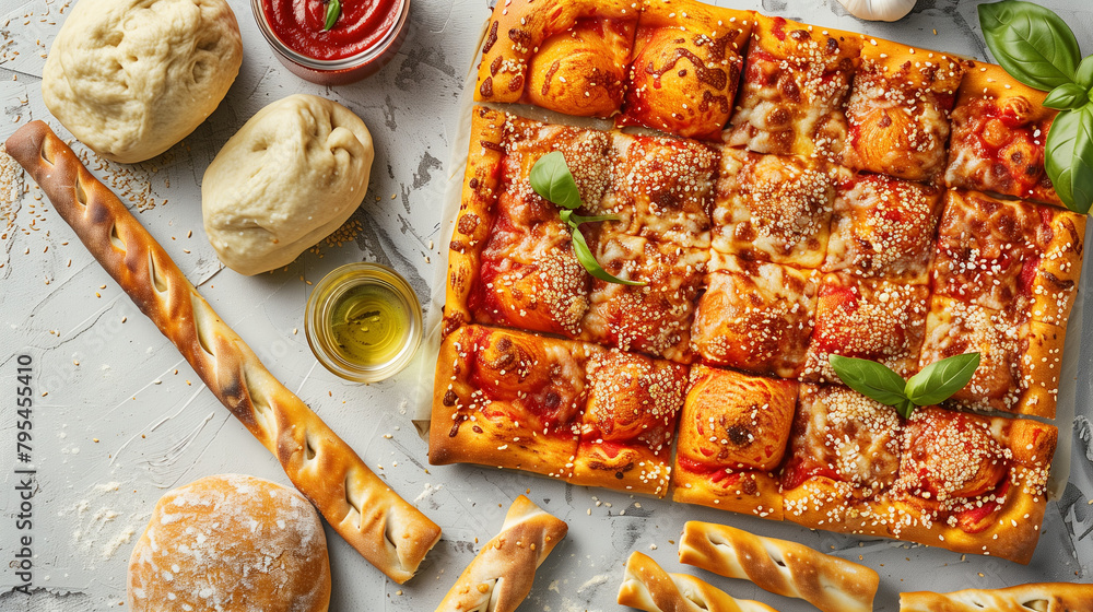 Sicilian pizza in a square cut, served with sesame breadsticks and a ...