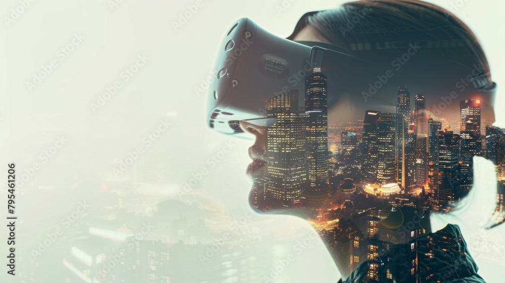 VR gamer and the beautiful sci-fi city, technology, headset, virtual ...