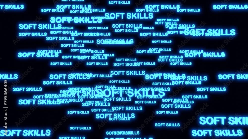 Soft Skills text inside rotating clouds of neon holographic words. High ...