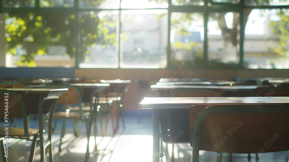 Blurred background of an empty classroom with desks and chairs in the ...