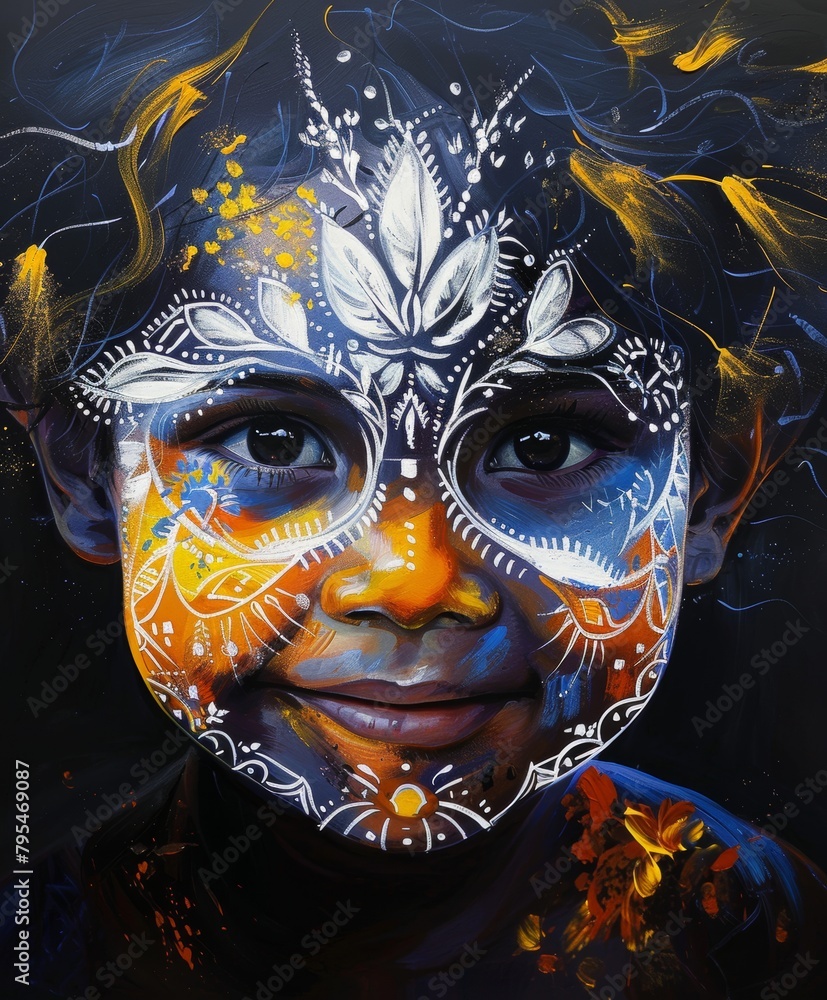 Child's Face with Tribal Paint Art Detailed portrait of a smiling child ...